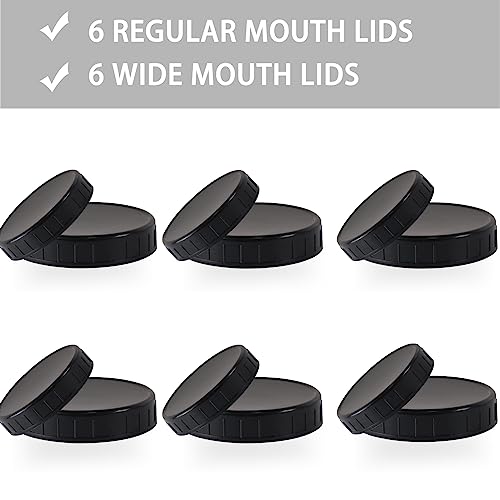 Tixill 12 Pack Plastic Mason Jar Lids 6 Regular Mouth & 6 Wide Mouth Bottle Storage Caps Sealing Cap for Canning Jars (Black)