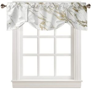 JasmineM White Gold Marble Tie Up Valance Curtains for Living Room, Adjustable Rod Pocket Kitchen Valances for Windows Bedroom Bathroom, Wild Symbol Shades Window Treatment, 42x12inch