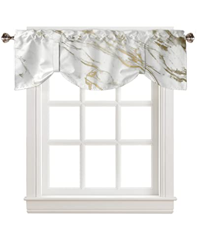 JasmineM White Gold Marble Tie Up Valance Curtains for Living Room, Adjustable Rod Pocket Kitchen Valances for Windows Bedroom Bathroom, Wild Symbol Shades Window Treatment, 42x12inch