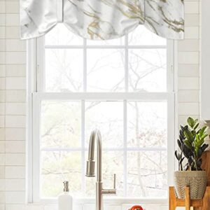 JasmineM White Gold Marble Tie Up Valance Curtains for Living Room, Adjustable Rod Pocket Kitchen Valances for Windows Bedroom Bathroom, Wild Symbol Shades Window Treatment, 42x12inch