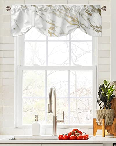 JasmineM White Gold Marble Tie Up Valance Curtains for Living Room, Adjustable Rod Pocket Kitchen Valances for Windows Bedroom Bathroom, Wild Symbol Shades Window Treatment, 42x12inch