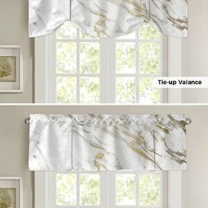 JasmineM White Gold Marble Tie Up Valance Curtains for Living Room, Adjustable Rod Pocket Kitchen Valances for Windows Bedroom Bathroom, Wild Symbol Shades Window Treatment, 42x12inch