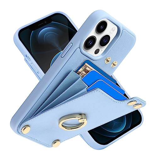 LAMEEKU for iPhone 12 Pro Max Wallet Case with Card Holder, Leather Card Slots Case, 360°Rotation Ring Kickstand, RFID Blocking Protective Case Designed for Apple iPhone 12 Pro Max 6.7'' Blue