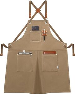 koyyto chef aprons for men women with large pockets,heavy duty canvas apron,adjustable straps for barber,bbq,bartender,gardening,hairstylist,painting,cosmetology etc(khaki)