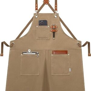 KOYYTO Chef Aprons for Men Women with Large Pockets,Heavy Duty Canvas Apron,Adjustable Straps for Barber,BBQ,Bartender,Gardening,Hairstylist,Painting,Cosmetology etc(Khaki)