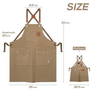 KOYYTO Chef Aprons for Men Women with Large Pockets,Heavy Duty Canvas Apron,Adjustable Straps for Barber,BBQ,Bartender,Gardening,Hairstylist,Painting,Cosmetology etc(Khaki)