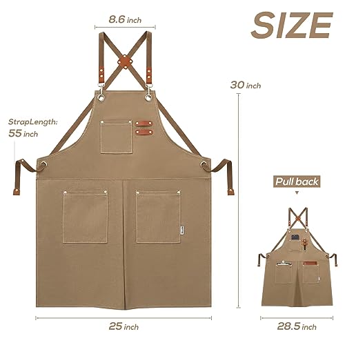 KOYYTO Chef Aprons for Men Women with Large Pockets,Heavy Duty Canvas Apron,Adjustable Straps for Barber,BBQ,Bartender,Gardening,Hairstylist,Painting,Cosmetology etc(Khaki)