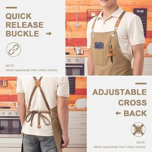 KOYYTO Chef Aprons for Men Women with Large Pockets,Heavy Duty Canvas Apron,Adjustable Straps for Barber,BBQ,Bartender,Gardening,Hairstylist,Painting,Cosmetology etc(Khaki)