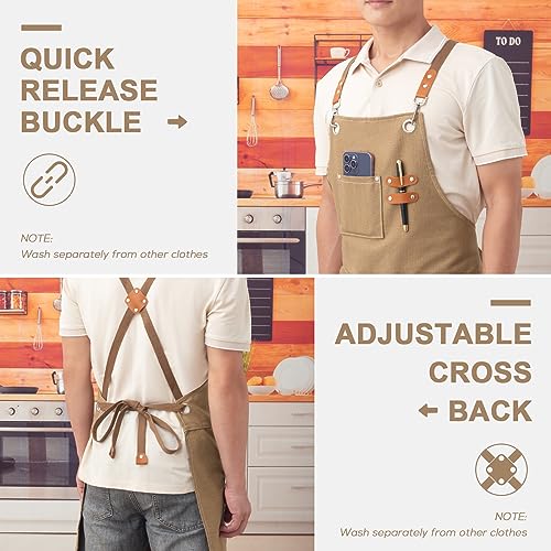 KOYYTO Chef Aprons for Men Women with Large Pockets,Heavy Duty Canvas Apron,Adjustable Straps for Barber,BBQ,Bartender,Gardening,Hairstylist,Painting,Cosmetology etc(Khaki)