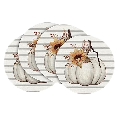 Artoid Mode Stripes Pumpkin Sunflower Leaves Round Fall Placemats Set of 4, 15 Inch Seasonal Autumn Round Table Mats for Dining Decoration