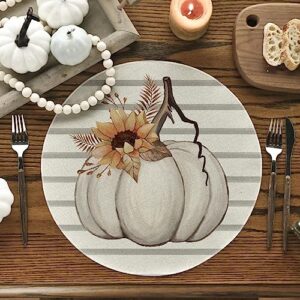 Artoid Mode Stripes Pumpkin Sunflower Leaves Round Fall Placemats Set of 4, 15 Inch Seasonal Autumn Round Table Mats for Dining Decoration