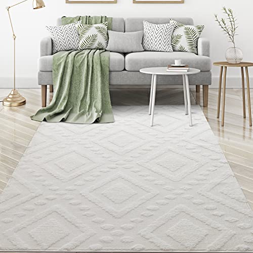 Antep Rugs Palafito 8x10 Diamond Geometric High-Low Pile Shag Textured Indoor Area Rug, White, 7'10" x 10'