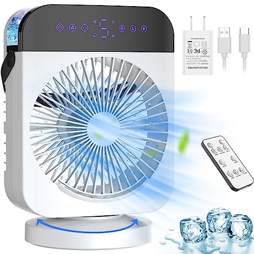 QVCQ Portable Air Conditioners, Upgraded 4 Speeds Mini Ac Unit with Remote, Small Air Cooler with Oscillating/Timer/Night Light Function, Personal Desktop Cooling Misting Fan For Room Office Outdoor