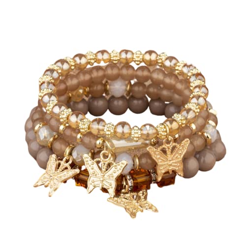 Fuqimanman2020 Boho 4pcs Butterfly Charm Gold Beaded Stackable Stretch Bracelet Set Crystal Butterfly Colorful Elastic Bracelets-Brown