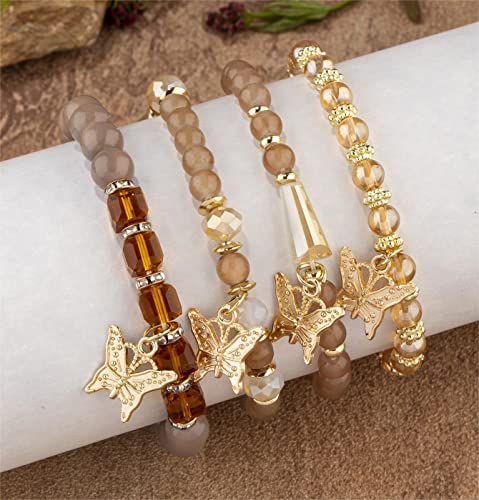 Fuqimanman2020 Boho 4pcs Butterfly Charm Gold Beaded Stackable Stretch Bracelet Set Crystal Butterfly Colorful Elastic Bracelets-Brown