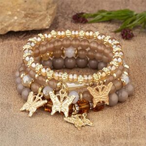 Fuqimanman2020 Boho 4pcs Butterfly Charm Gold Beaded Stackable Stretch Bracelet Set Crystal Butterfly Colorful Elastic Bracelets-Brown