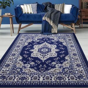 antep rugs alfombras oriental traditional 8x10 non-skid (non-slip) low profile pile rubber backing indoor area rugs (navy blue, 7'10" x 10')