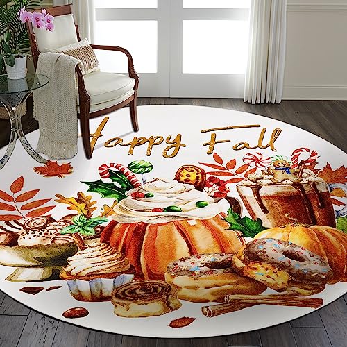 Topotdor Hello Fall Round Area Rug 4Ft, Machine Washable Non Slip Indoor Floor Mat Carpet Thanksgiving Dessert Circle Rug, Autumn Harvest Round Rugs for Living Room Sofa Bedroom Nursery Decor