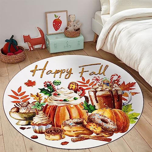 Topotdor Hello Fall Round Area Rug 4Ft, Machine Washable Non Slip Indoor Floor Mat Carpet Thanksgiving Dessert Circle Rug, Autumn Harvest Round Rugs for Living Room Sofa Bedroom Nursery Decor