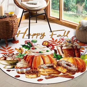 Topotdor Hello Fall Round Area Rug 4Ft, Machine Washable Non Slip Indoor Floor Mat Carpet Thanksgiving Dessert Circle Rug, Autumn Harvest Round Rugs for Living Room Sofa Bedroom Nursery Decor