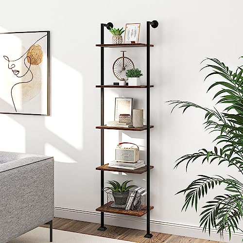 Axeman 5-Tier Ladder Shelf, Tall Narrow Bookcase for Small Spaces, Book Storage Organizer Case for Living Room, Home Office, Study, Industrial Style Black Metal Frame and Rustic Brown Shelf