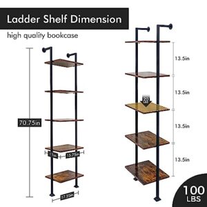 Axeman 5-Tier Ladder Shelf, Tall Narrow Bookcase for Small Spaces, Book Storage Organizer Case for Living Room, Home Office, Study, Industrial Style Black Metal Frame and Rustic Brown Shelf