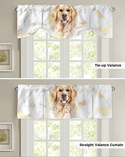 Tie Up Curtain Valance Window Topper 1 Panel 42x18in,Farm Cute Dog Gold White Marble Adjustable Rod Pocket Short Window Shade Valances for Kitchen Bedroom Windows,Modern Abstract Wild Symbol Stone