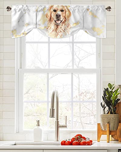 Tie Up Curtain Valance Window Topper 1 Panel 42x18in,Farm Cute Dog Gold White Marble Adjustable Rod Pocket Short Window Shade Valances for Kitchen Bedroom Windows,Modern Abstract Wild Symbol Stone