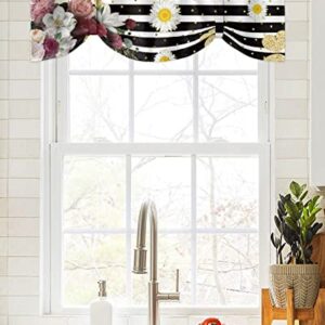 Tie Up Curtain Valance Window Topper 1 Panel 42x12in,Blooming Flowers Gold Butterfly Gardon Adjustable Rod Pocket Short Curtains Window Shade Valances for Kitchen Bedroom Windows,Black White Stripe