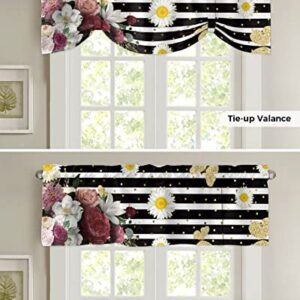 Tie Up Curtain Valance Window Topper 1 Panel 42x12in,Blooming Flowers Gold Butterfly Gardon Adjustable Rod Pocket Short Curtains Window Shade Valances for Kitchen Bedroom Windows,Black White Stripe