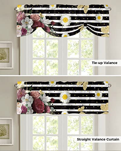 Tie Up Curtain Valance Window Topper 1 Panel 42x12in,Blooming Flowers Gold Butterfly Gardon Adjustable Rod Pocket Short Curtains Window Shade Valances for Kitchen Bedroom Windows,Black White Stripe