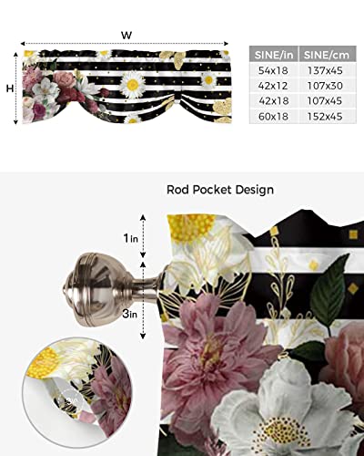 Tie Up Curtain Valance Window Topper 1 Panel 42x12in,Blooming Flowers Gold Butterfly Gardon Adjustable Rod Pocket Short Curtains Window Shade Valances for Kitchen Bedroom Windows,Black White Stripe