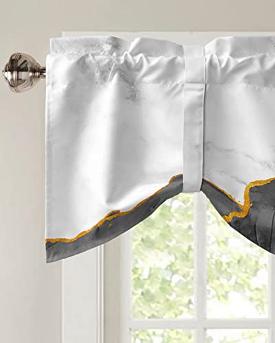 Tie Up Curtain Valance for Kitchen,Marble Black Gray White Color Contrast Gold Edge Window Valances Adjustable Tie-up Shade Valance,Modern Abstract Rod Pocket Short Curtains for Bathroom 42x12in