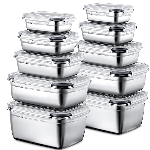 Nuanchu 10 Pcs Stainless Steel Food Storage Containers with Lids Metal Meal Prep Containers Rectangular Bento Lunch Box Set Leak Proof Airtight for Adults Dishwasher Microwave Refrigerator (Dark Gray)