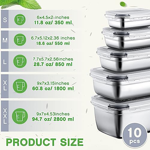 Nuanchu 10 Pcs Stainless Steel Food Storage Containers with Lids Metal Meal Prep Containers Rectangular Bento Lunch Box Set Leak Proof Airtight for Adults Dishwasher Microwave Refrigerator (Dark Gray)