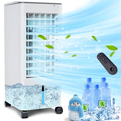 Portable Air Conditioner 3-IN-1 Evaporative Air Cooler, Adjustable Normal/Sleep/Cool Modes, 3 Speeds, 20Ft Remote Control & LED Panel, 12 Hour Timer, 100 Degree Oscillation, 5 Ice Packs