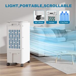 Portable Air Conditioner 3-IN-1 Evaporative Air Cooler, Adjustable Normal/Sleep/Cool Modes, 3 Speeds, 20Ft Remote Control & LED Panel, 12 Hour Timer, 100 Degree Oscillation, 5 Ice Packs