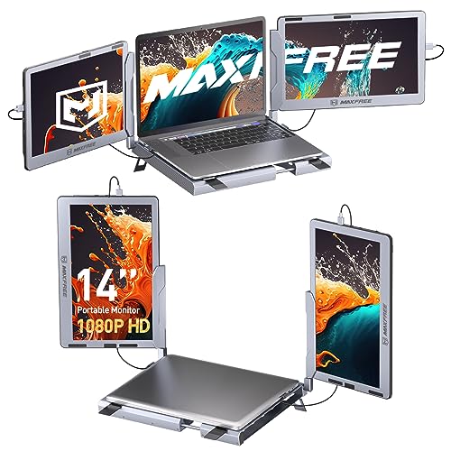 Maxfree F2 Triple Screen Laptop Screen Extender - 14'' Laptop Monitor Extender with 360° Rotation Stand, Plug & Play USB-C, Mini-HD - Compatible with Windows/Mac/Surface/Dex/Switch for 12-17'' Laptops