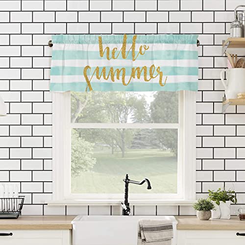 Laibao Kitchen Valance Curtain Hello Summer Gold Round Spots on Blue and White Stripes Rod Pocket Tier Curtain for Cafe Bathroom Semi-Sheer Window Treatment Valance for Bedroom Small Windows 54x18in