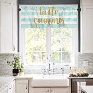 Laibao Kitchen Valance Curtain Hello Summer Gold Round Spots on Blue and White Stripes Rod Pocket Tier Curtain for Cafe Bathroom Semi-Sheer Window Treatment Valance for Bedroom Small Windows 54x18in