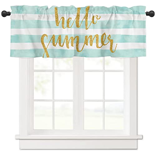 Laibao Kitchen Valance Curtain Hello Summer Gold Round Spots on Blue and White Stripes Rod Pocket Tier Curtain for Cafe Bathroom Semi-Sheer Window Treatment Valance for Bedroom Small Windows 54x18in