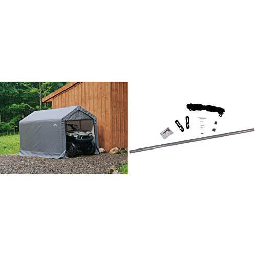 ShelterLogic 6' x 10' Shed-in-a-Box All Season Steel Metal Frame Peak Roof Outdoor Storage Shed with Waterproof Cover and Heavy Duty Reusable Auger Anchors, Grey & Pull-Eaze Roll-Up Door Kit