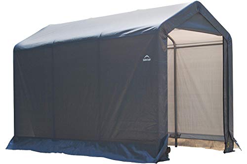 ShelterLogic 6' x 10' Shed-in-a-Box All Season Steel Metal Frame Peak Roof Outdoor Storage Shed with Waterproof Cover and Heavy Duty Reusable Auger Anchors, Grey & Pull-Eaze Roll-Up Door Kit