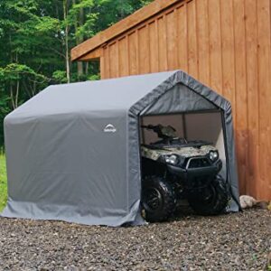 ShelterLogic 6' x 10' Shed-in-a-Box All Season Steel Metal Frame Peak Roof Outdoor Storage Shed with Waterproof Cover and Heavy Duty Reusable Auger Anchors, Grey & Pull-Eaze Roll-Up Door Kit