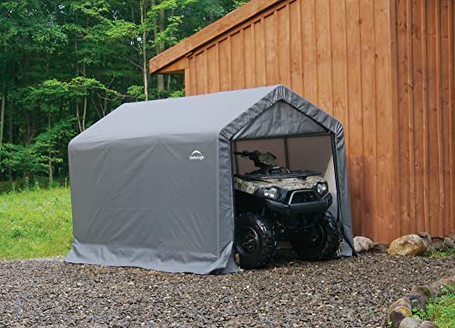 ShelterLogic 6' x 10' Shed-in-a-Box All Season Steel Metal Frame Peak Roof Outdoor Storage Shed with Waterproof Cover and Heavy Duty Reusable Auger Anchors, Grey & Pull-Eaze Roll-Up Door Kit