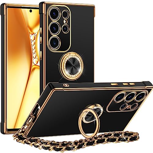 Miss Arts for Samsung Galaxy S23 Ultra Case, Ring Holder Stand Luxury Bling Electroplated Phone Case with Strap, Cute Soft TPU Samsung S23 Ultra Cover for Women Girls, Black