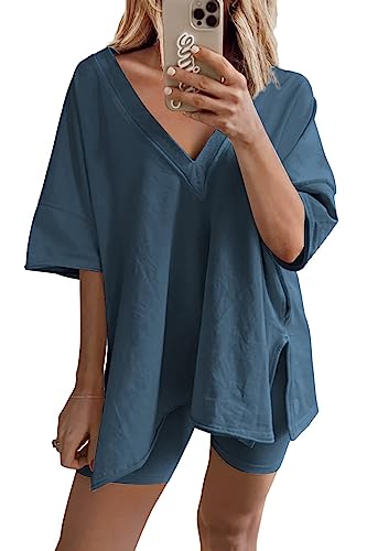 Ailoqing 2 Piece Outfits for Women Summer Oversized V Neck T Shirt Biker Short Sets Hot Shot Reversible Set(Blue-M)