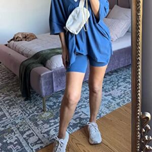 Ailoqing 2 Piece Outfits for Women Summer Oversized V Neck T Shirt Biker Short Sets Hot Shot Reversible Set(Blue-M)