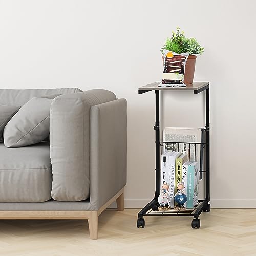 C Shaped Side Table End Table for Couch Sofa and Bed Small Snack Table with Wheels Height Adjustable C Table for Small Spaces Living Room Bedroom Metal Frame, Grey