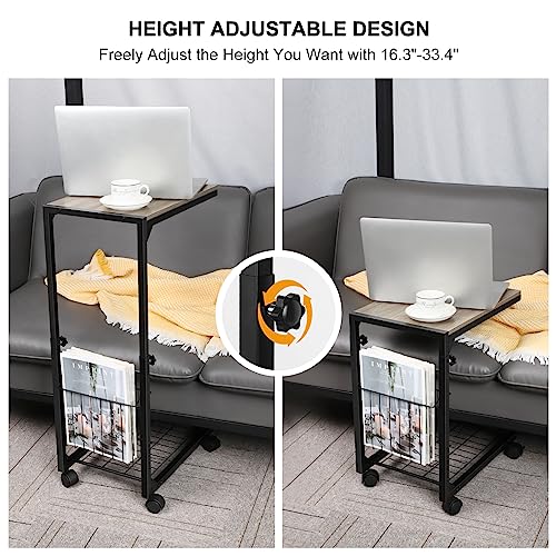 C Shaped Side Table End Table for Couch Sofa and Bed Small Snack Table with Wheels Height Adjustable C Table for Small Spaces Living Room Bedroom Metal Frame, Grey